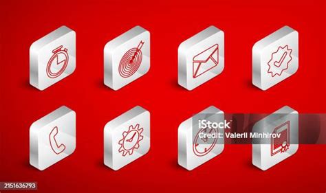 회선 인증서 템플릿 화살표가 있는 대상 봉투 승인 및 확인 표시 시계 스톱워치 시간 관리 및 전화 핸드셋 아이콘을 설정합니다 벡터 3차원 형태에 대한 스톡 벡터 아트 및