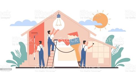 주택 개조 노동자 수리공 팀 빌딩 하우스 페인팅 전기 마무리 작품 아파트 수리 전문 장식 서비스 벡터 만화 평면 개념을하고 빌더