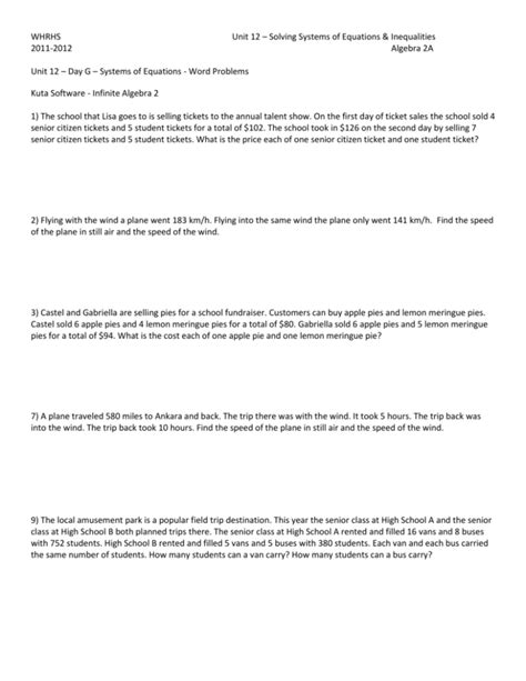 Systems Of Equations Word Problems Algebra Worksheet