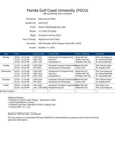 Fgcu Weekly Schedule Ethan Miller Fall 2025 En Pdf