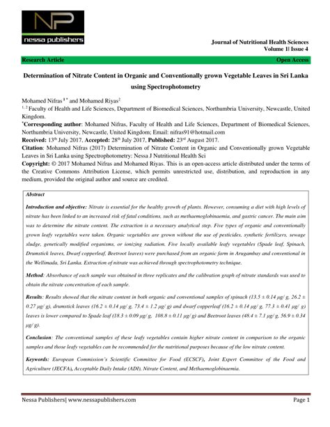 Pdf Determination Of Nitrate Content In Organic And Conventionally Grown Vegetable Leaves In