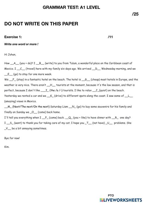 Grammar Test A1 Level Online Exercise For Live Worksheets