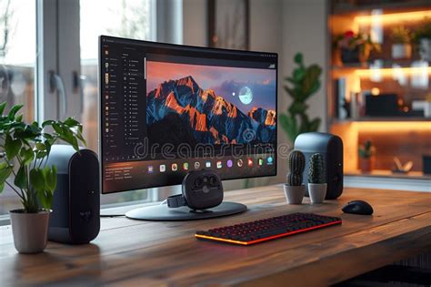 Modern Home Office Desk With Curved Monitor And Desktop Setup Stock