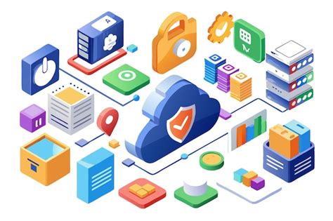 Isometric Illustration Of A Cloud Computing Network With Various Icons Representing Different