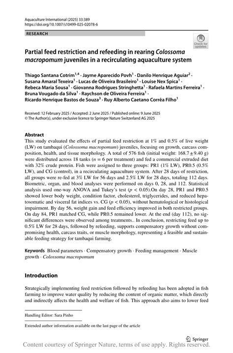 Partial Feed Restriction And Refeeding In Rearing Colossoma Macropomum Juveniles In A