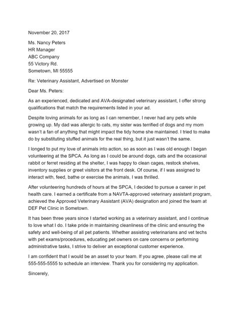 Free Veterinary Assistant Cover Letter Template And Example On