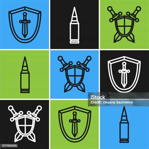 칼 교차 검과 총알 아이콘과 중세 방패와 세트 라인 중세 방패 벡터 강철에 대한 스톡 벡터 아트 및 기타 이미지 강철 검 구리 Istock