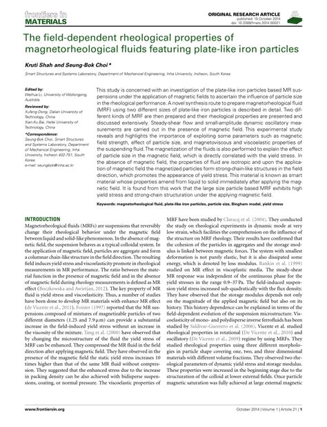 Pdf The Field Dependent Rheological Properties Of Magnetorheological Fluids Featuring Plate