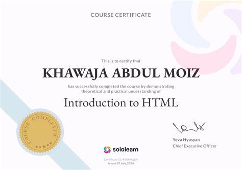 completed html course from solo learn khawaja abdul moiz posted on