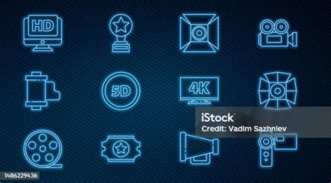 라인 시네마 카메라 영화 스포트라이트 5d 가상 현실 카메라 빈티지 필름 롤 카트리지 Hd 비디오 모니터 스크린 Tv 4k 및 트로피 아이콘을 설정합니다 벡터 0명에 대한
