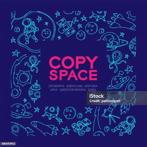 우주 비행사 공간 아이에 손에 사각형 프레임 그림 센터 복사 공간와 어두운 파란색 배경에 고립에서 드로잉 설정된 패턴 배경 과학에 대한 스톡 벡터 아트 및 기타 이미지