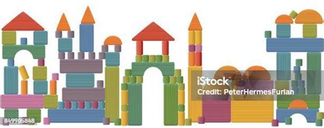 장난감 블록 스카이라인멋진 건물 탑 성곽 교회 및 많은 조각 화려한 벽돌 지붕 첨탑 기둥 및 아치 서 까 래의 아치 흰색 바탕에 벡터 그림입니다 건축하기에 대한 스톡 벡터