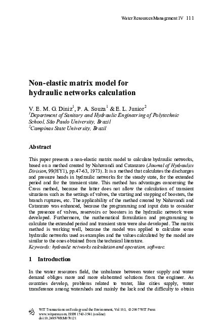 pdf non elastic matrix model for hydraulic networks calculation