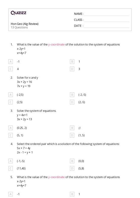 50 System Of Equations And Quadratic Worksheets For 10th Grade On