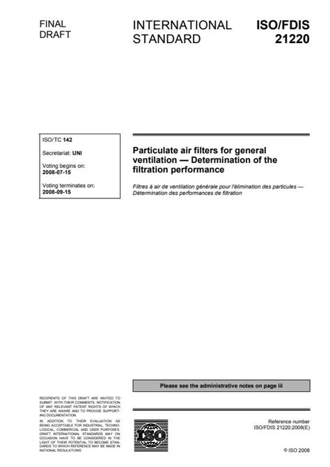ISO FDIS 21220 Particulate Air Filters For General Ventilation Determination Of The Filtration