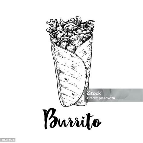 손으로 그린 스케치 스타일 부리토 랩 전통적인 멕시코 요리 그림입니다 패스트 푸드 길거리 음식 그림입니다 레스토랑 메뉴 및 패키지 디자인에 가장 적합합니다 고기에 대한 스톡