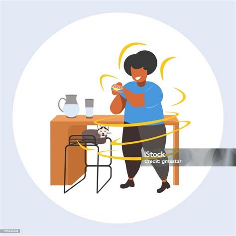 뚱뚱한 과체중 여자 먹는 햄버거 비만 건강에 해로운 영양 패스트 푸드 개념 비만 아프리카 계 미국인 소녀 를 통해 점심 을 가진 크기 여성 만화 캐릭터 전체 길이 평면