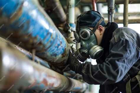 Premium Photo Individual With A Gas Mask Inspecting Pipes For Chemical Leaks