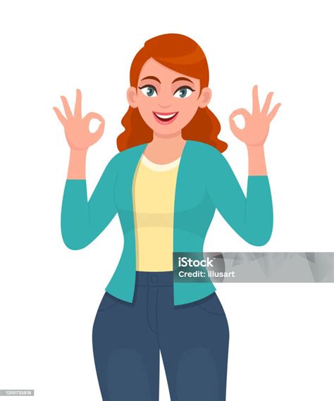 괜찮은 기호를 보여주는 트렌디 한 젊은 여자 손 손가락으로 확인 또는 멋진 제스처를 만드는 미소 소녀 여성 캐릭터 디자인 일러스트 인간의 감정 벡터 만화 스타일의 현대