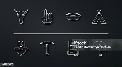 세트 라인 버팔로 두개골 서양 카우보이 모자 인도 천막 또는 Wigwam 독립 선언문 곡괭이 넘버 1 팬 핸드 글러브 군용 헬멧 및 핫도그 샌드위치 아이콘 벡터 7월에 대한