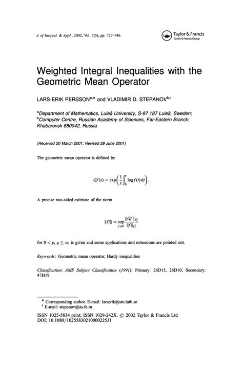 PDF Weighted Integral Inequalities With The Geometric Mean Operator