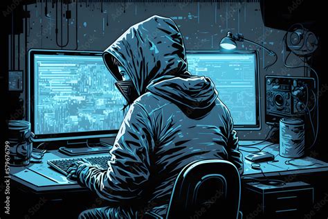 Hacker In A Blue Hoody Standing In Front Of A Code Background Neural Network AI Generated Art