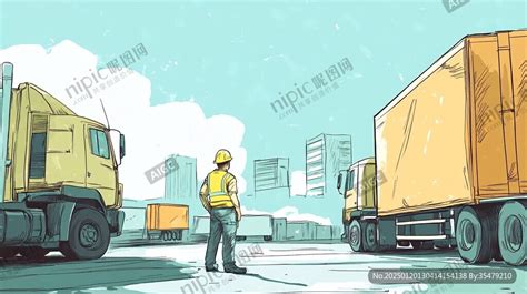 Ai创作图工地插画 货车插画 钩车插画 物流道路安全 铲车插画 行走大车 运送沥青车 工厂码头货运仓库 自动卸货卡车 工程车作业 路上的工程车 施工现场插画 城市物流 卡车插画 智能仓储插画