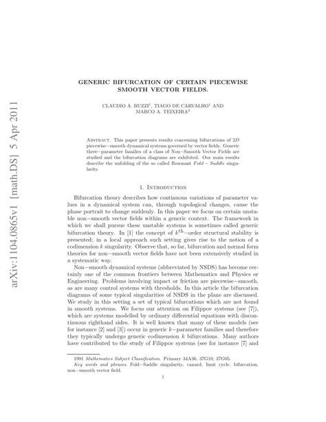 Pdf Generic Bifurcation Of Certain Piecewise Smooth Vector Fields