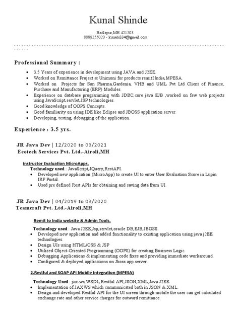 Kunal Shinde Professional Summary Pdf Spring Framework Java