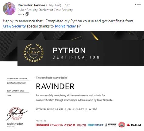 Ravinder Tanwar Celebrates Completion Of Python Certification Course At