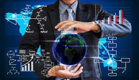 Premium Photo Digital Composite Of Man With Globe Amidst Various Icons Against Blue Background