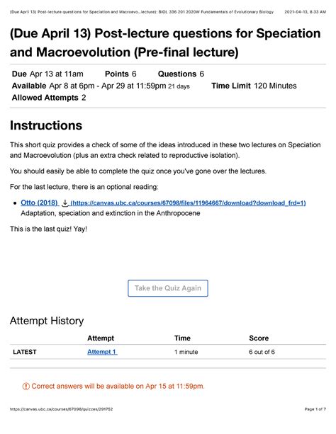 Due April 13 Post Lecture Questions For Speciation And Macroevolution Pre Final Lecture