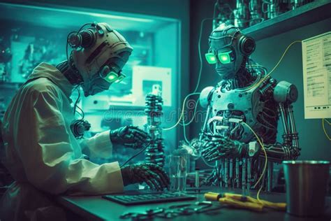 Artificial Intelligence Robot Dressed As Scientists Make An Experiment