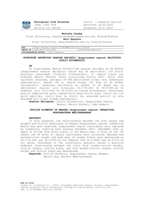 Pdf KuzeydoĞu Akdenİzde YaŞayan SariaĞiz Argyrosomus Regius BaliĞinin Otolİt Bİyometrİsİ