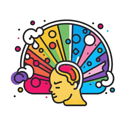 Vector Line Art Illustration Of Human Head With Brain And Colorful Rays Around Stock