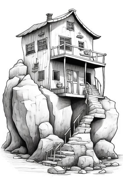 Premium Photo A Drawing Of A House On A Rock With Stairs Leading Up