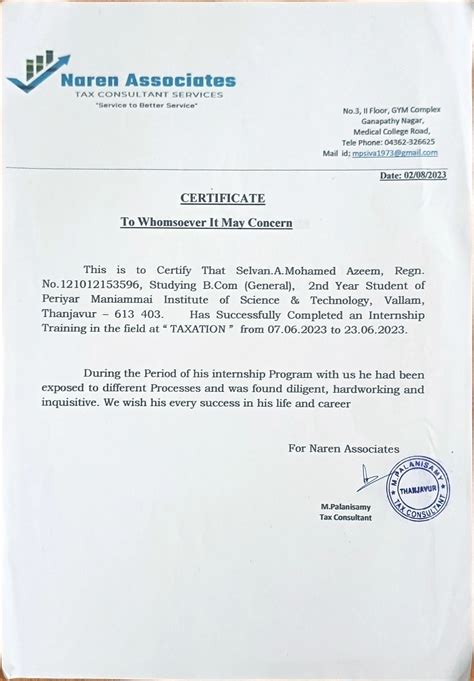 My Collage Second Year Internship Auditor Office 15 Days Internship Certificate Successfully