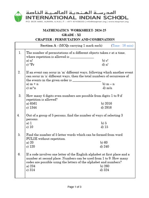 Worksheet Xi Permutation And Combination Pdf Linguistics