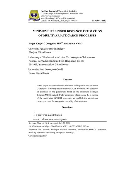 Pdf Minimum Hellinger Distance Estimation Of Multivariate Garch Processes