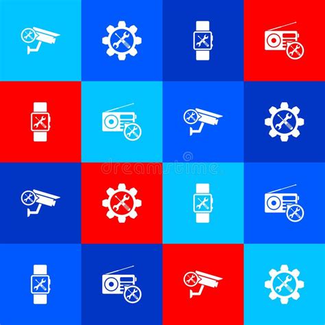 Set Security Camera Service Wrench And Screwdriver In Gear Smartwatch And Radio Icon Vector