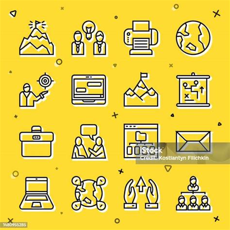 선 계층 구조 조직도 차트 봉투 계획 전략 개념 프린터 채팅 메시지 노트북 마케팅 대상 깃발과 아이콘이 있는 산을 설정합니다 벡터 Brand Name Online