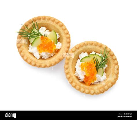 Delicious Canapes With Red Caviar Isolated On White Top View Stock