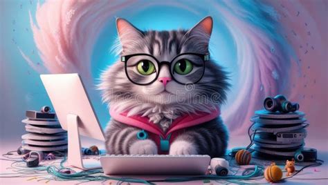 Adorable Cat Programmer With Glasses Coding On Laptop In Futuristic Tech Environment Ai Stock