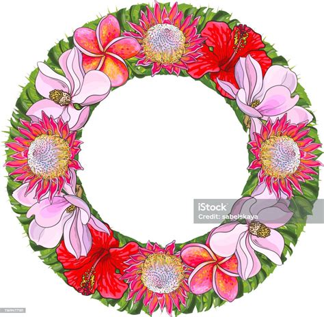 흰색 배경에 고립 된 원의 형태로 꽃 구성에 열대 꽃과 야자수 잎 개화기에 대한 스톡 벡터 아트 및 기타 이미지 개화기 구도 그리기 Istock