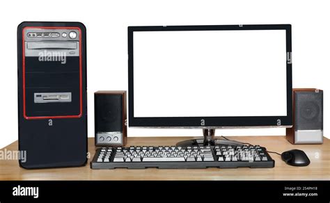 Black Desktop Computer Widescreen Display With Cutout Screen Keyboard Mouse Speakers On