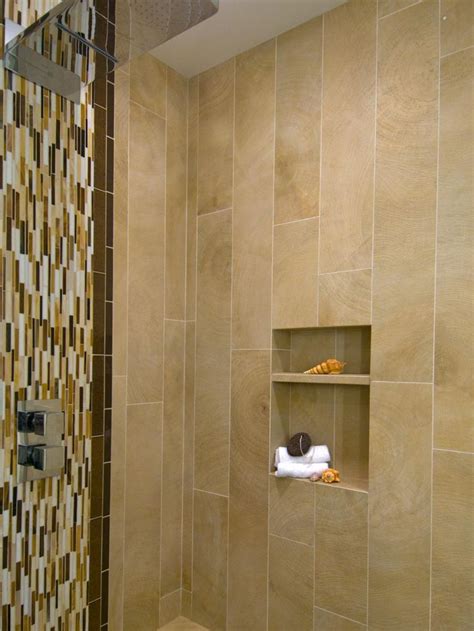 Modern Shower With Vertical Mosaic Tiles And Wall Niche