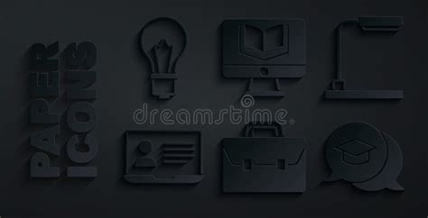 Set Briefcase Table Lamp Online Class Graduation Cap Speech Bubble