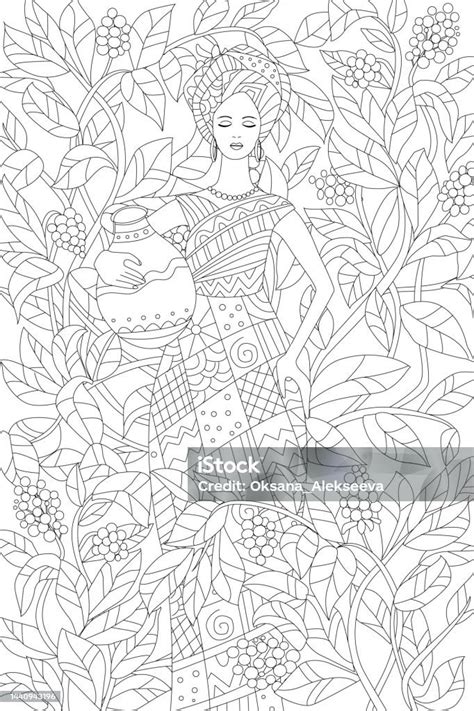 당신의 색칠 공부 책을 위해 꽃 숲에서 꽃병을 들고 눈을 감은 아름다운 젊은 여자 컬러링 북 페이지 일러스트레이션 기법에 대한 스톡 벡터 아트 및 기타 이미지 컬러링 북