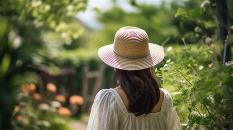 그녀의 뒤에 모자를 쓰고 정원에서 여자 정원에 밀짚모자를 쓴 젊은 여자 여름 이미지 고화질 사진 사진 배경 일러스트 및 사진 무료 다운로드 Pngtree
