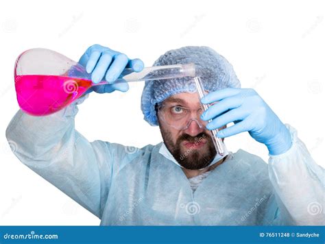 Funny Crazy Emotional Chemist With Flask Mad Scientist In His Laboratory Experimenting On